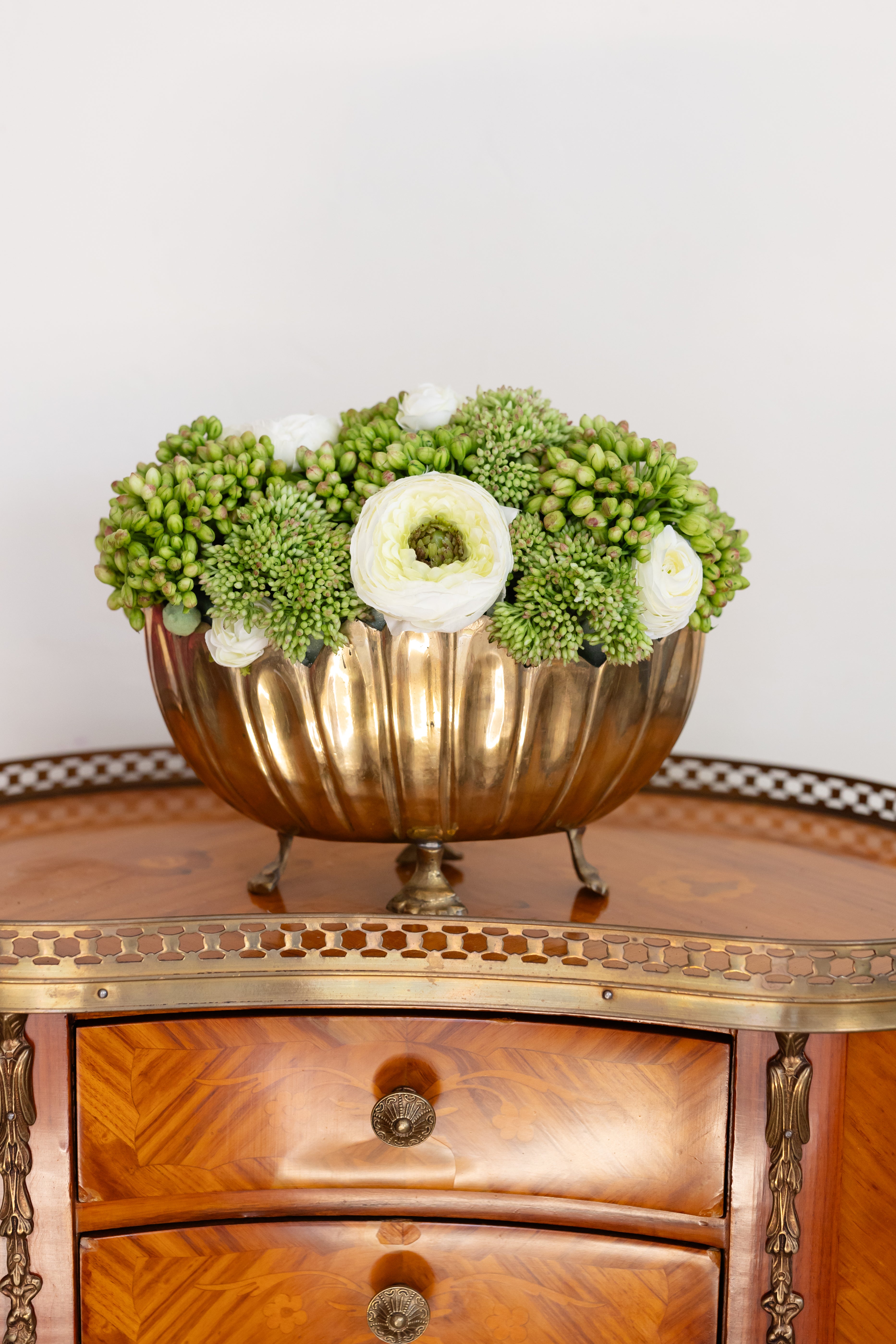 Brass Footed Planter + Faux Sedum & White Ranunculus #37 – Orchid & Olive