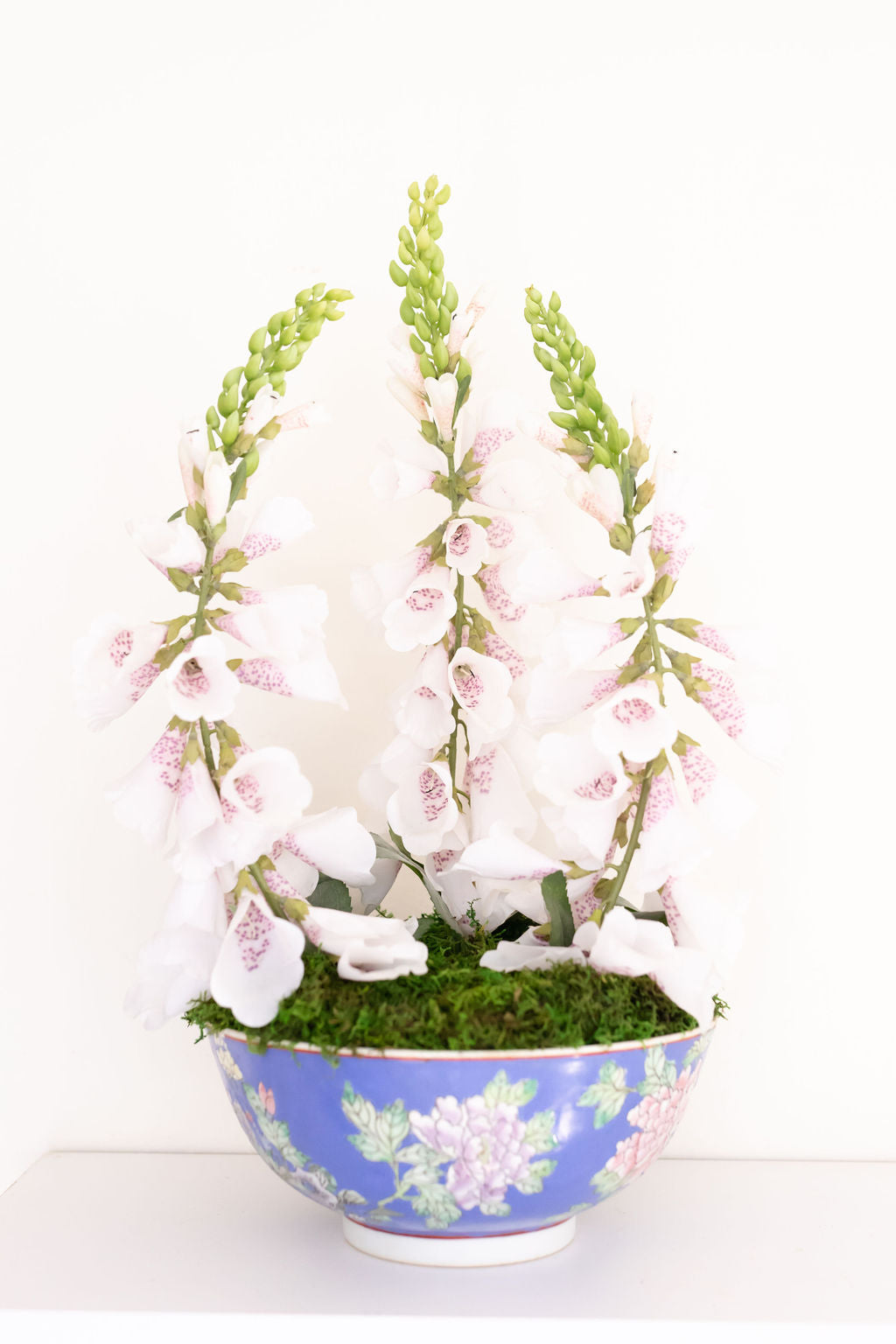 10” Periwinkle Floral Bowl + 3 Pale Pink Faux Foxgloves – Orchid & Olive